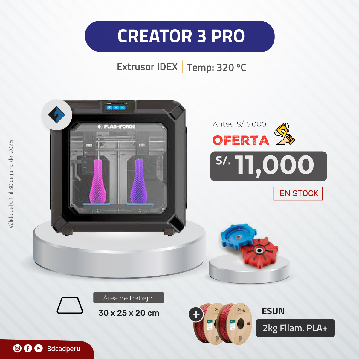 Flashforge Creator 3 PRO + 2kg Filamento ESUN PLA+ - 3D CAD PERU