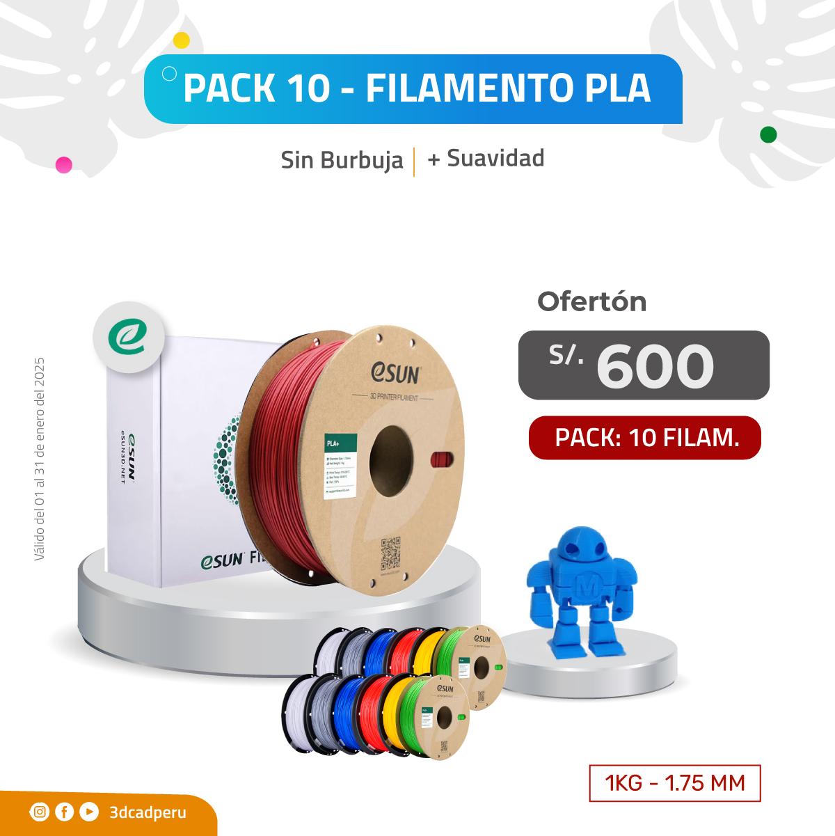 Pack de 10 Filamento PLA+ ESUN- 10 KG - 3D CAD PERU